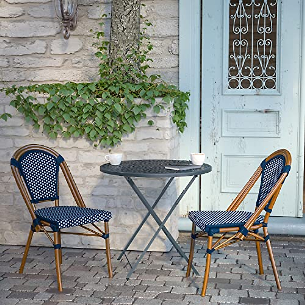Flash Furniture Bordeaux Set of 2 Indoor/Outdoor Commercial Bistro Stack Chairs - Navy/White PE Rattan Back and Seat - Natural Bamboo Print Aluminum Frame