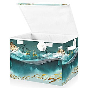 RunningBear 3d Illustration Deer Forest Large Storage Bins with Lid Collapsible Storage Bin Cubes Boxes Cute Bin for Home Office