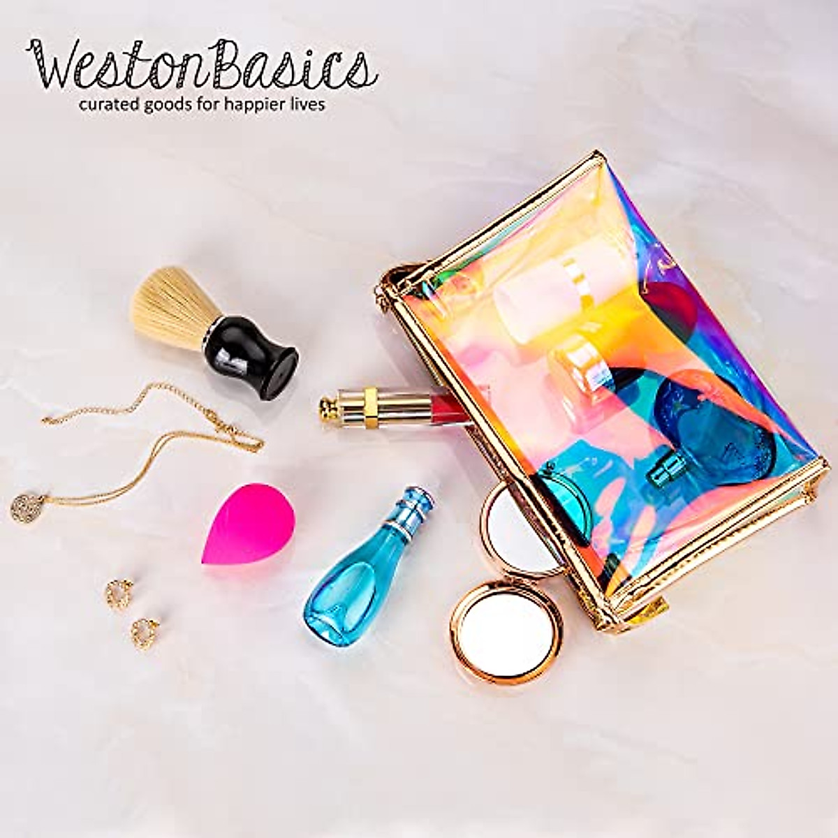 WestonBasics Holographic Iridescent Makeup Pouch | Portable Waterproof Cosmetic Bag Set for Women, Ladies & Bridesmaids | Clear Pouch for Travel, Toiletry | Large Clear Makeup Bags with Zipper