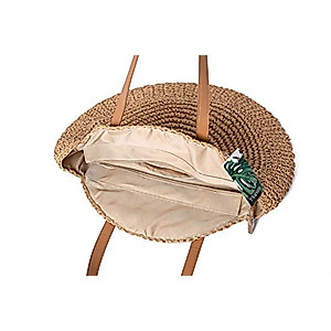 YXQSED Round Woven Bag - Summer Beach Bags Straw Handwoven Singleshoulder with Leather Handles，Zipper（Khaki） L
