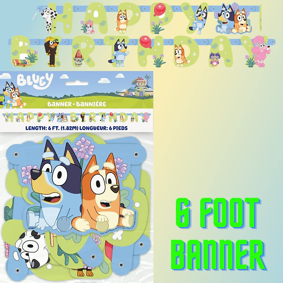 Bluey Birthday Decorations - Bluey Birthday Party Supplies for your Bluey Party featuring Bluey Party Decorations and Bluey Plates and Napkins and Tableware for 16 guests.