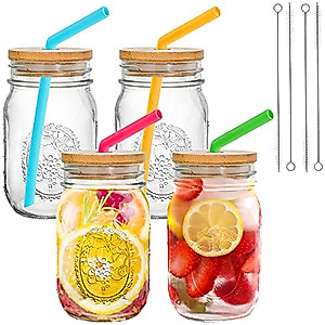 Nicunom 4 Pack Mason Jar Cups with Bamboo Lids, 16OZ Wide Mouth Smoothie Cups Mason Jar Drinking Glass Cups with Straw, Travel Tumbler for Bubble Tea, Smoothie, Juice, Iced Coffee