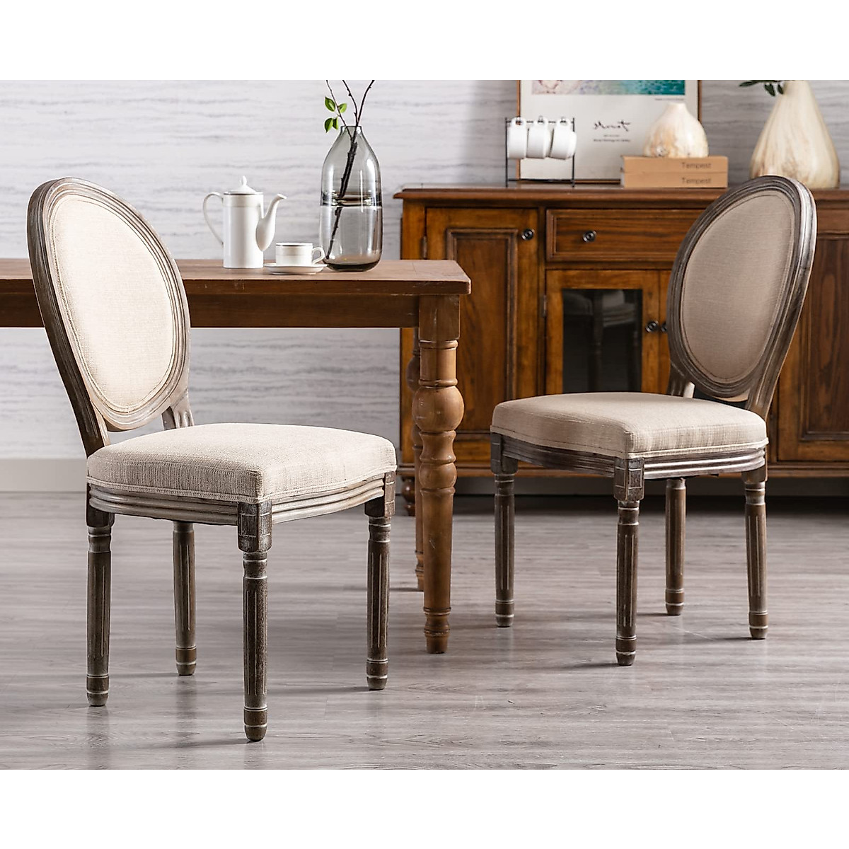 Kmax Farmhouse Dining Room Chairs, Brown Wood Legs Elegant Tufted Kitchen Chairs, French Distressed Bedroom Chairs with Round Back, Set of 8, Beige