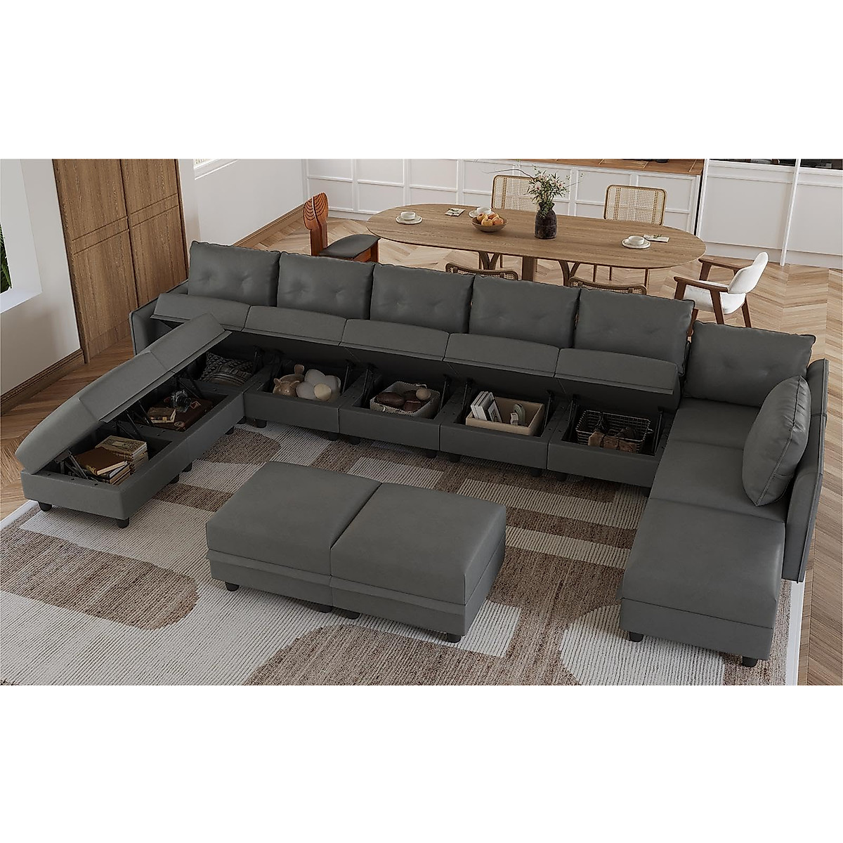 LLappuil Oversized Modular Sectional Sofa with Storage, U Shaped Sectional with Ottomans, 12 Seater Sleeper Couch for Living Room, Faux Leather Fabric Waterproof Sofa, 163 Inch Width, Dark Grey