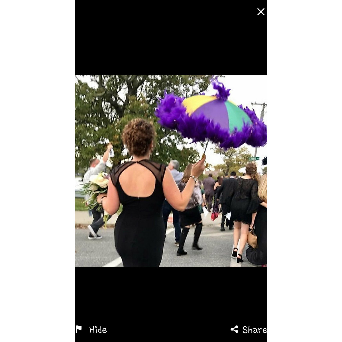 New Orleans Mardi Gras Purple Second Line Parasol Umbrella with Purple, Green, Yellow Feather Accent