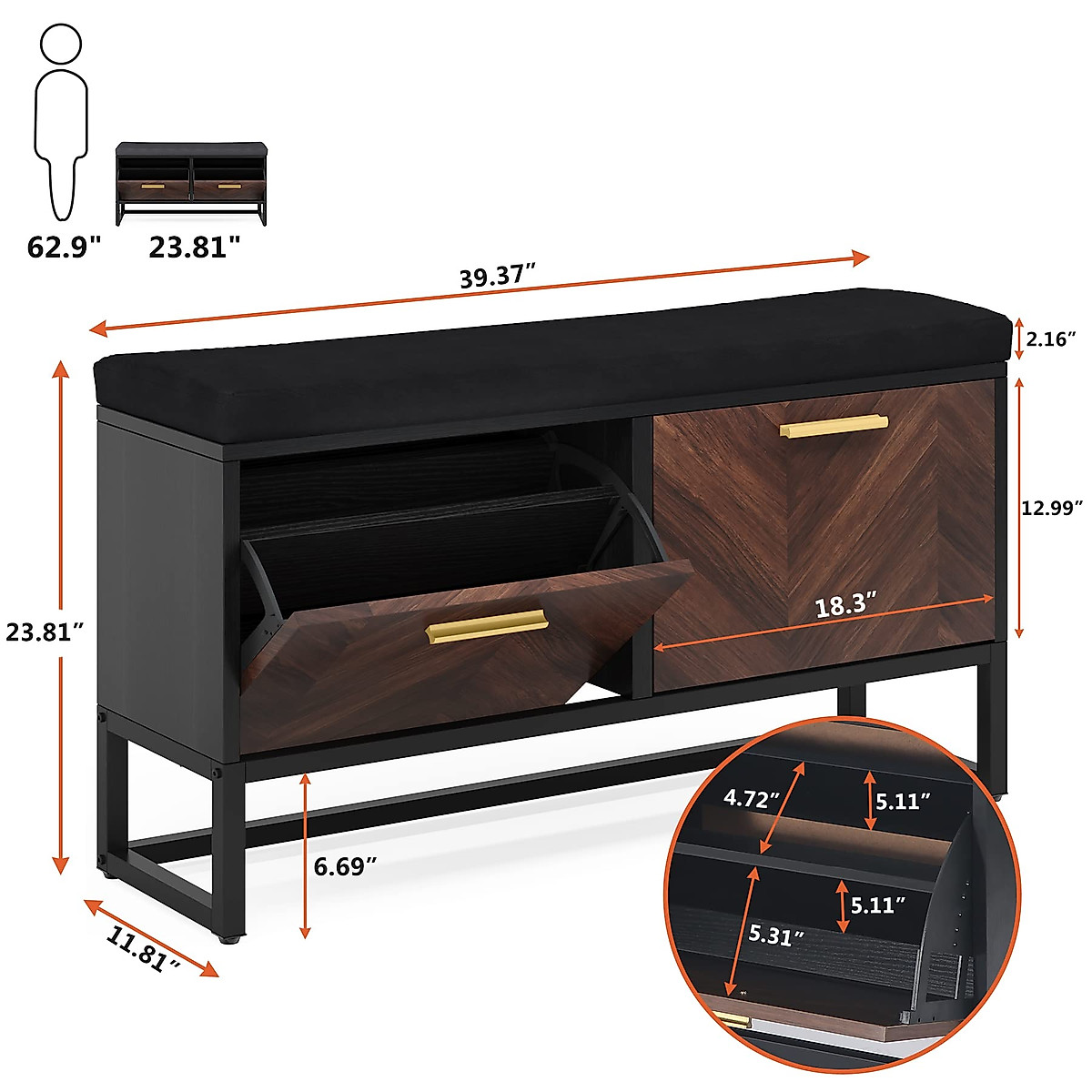 Tribesigns Storage Bench With Seat Cushion, Entryway Shoe Bench With 2 Flip Drawers, Hallway Cabinet, Hidden Organizer for Living Room, Bedroom, Mudroom, Black