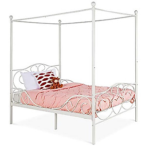 Best Choice Products 4-Post Metal Canopy Twin Bed Frame for Kids Bedroom, Guest Room w/Heart Scroll Design, 14-Slat Support System, Headboard, Footboard - White