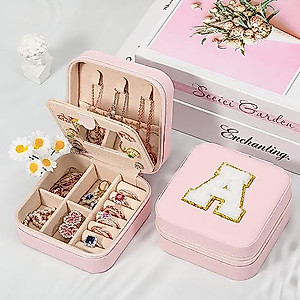 CHMI Travel Jewelry Case, Pink Travel Jewelry Box, Travel Jewelry Organizer, Travel Gifts for Women Girls, Jewelry Organizer Box, Birthday Gifts for Women, Christmas Gifts for Teens Girls - Initial A