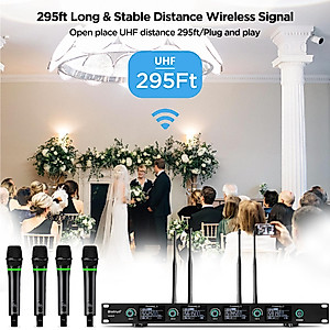 Bietrun 4-Channel Wireless Microphones System with 4 Rechargeable Handheld Mics, UHF Metal Dynamic Cordless Mics for Karaoke, Singing, Church, Family Theater(Auto Connect/295FT Range/Fixed Frequency)