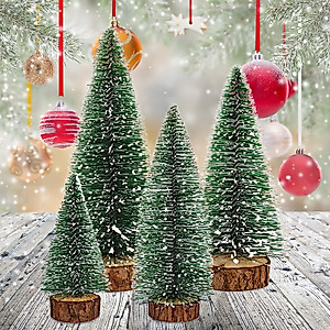 Artificial Mini Christmas Tree,4pcs Bottle Brush Christmas Tree with 1pc String Lights Contains 30 LEDs, Small Sisal Trees with Wooden Bases,Xmas Holiday Decor