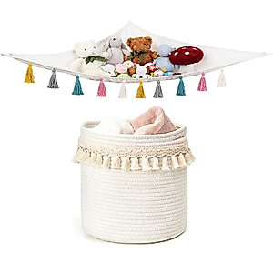 Mkono Stuffed Animal Toy Hammock and Macrame Decoractive Basket for Baby Nursery Decor Hanging Organizer Storage Set