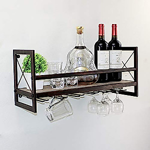 MBQQ Industrial Wine Racks Wall Mounted with Stemware Racks,24" Rustic Metal Hanging Wine Holder,Bottle Holder with 7 Stem Glass Holder,Metal&Wood Shelves Home Decor Wall Shelf,Retro Red