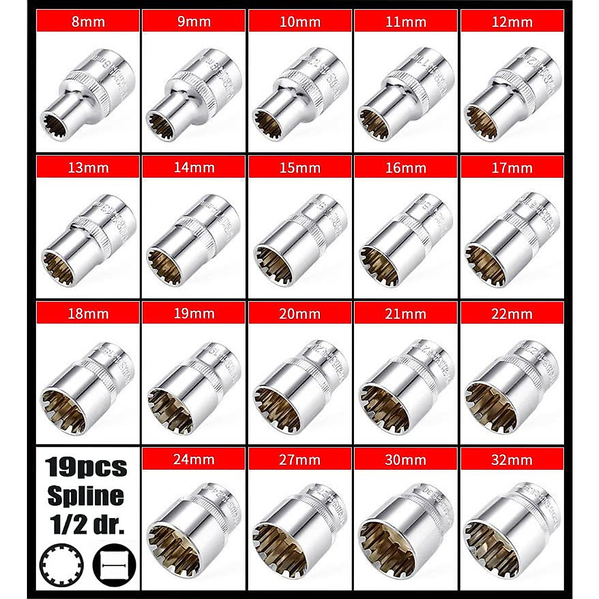 Spline Socket Set 1/2" Drive Universal Metric 8-32mm 12-point Cr-V Socket Set 19pcs