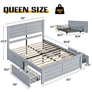 YUMPIE Queen Size Platform Bed Frame with 4 Storage Drawers and Headboard, Wood Bed Frame with Wood Slats Support, No Box Spring Needed, Storage Bed Frame for Kids, Teens, Adults, Grey
