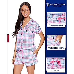 U.S. Polo Assn. Summer Pajamas for Women - Woven PJ Set with Button Up Top and Shorts - Lounge Sets for Women Light Blue, Large