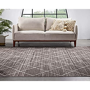 Well Woven Non-Slip Rubber Back (5' x 7') Diamond Lattice Print Grey Thin Pile Machine Washable Indoor Outdoor Area Rug