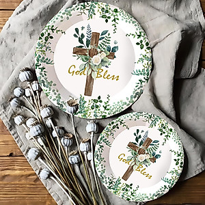 168Pcs God Bless Plates and Napkins Baptism Tableware Set First Holy Communion Party Decorations Mi Bautizo Eucalyptus Leaves Sage Paper Plates Christening Celebration Baby Shower Supplies,Serve 24