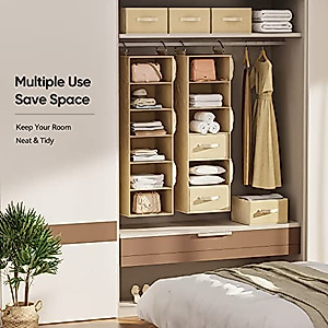 Pipishell Hanging Closet Organizer 6-Shelf, Hanging Shelves for Closet with 3 Removable Drawers & Side Pockets, Hanging Shelf Organizer for Bedroom or Garment Rack, 12'' x 12'' x 43.3'', Beige