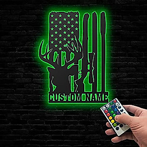 Deer Hunter Metal Wall Personalized, USA Hunter Gun with Flag, Deer Antler Hunting Dad LED Sign, Hunting Camp, Man Cave Deer Decor, Gift For Dad, Father Day Gift