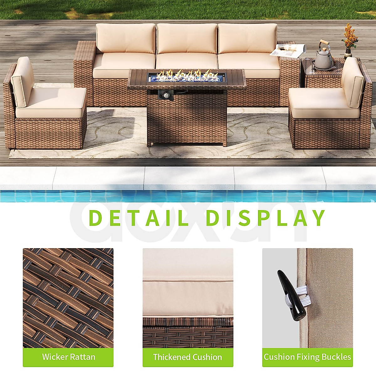 Aoxun 7 Pieces Patio Furniture Set Outdoor Wicker Rattan Furniture 44” Fire Pit Table Outdoor Sectional Sofa Include Waterproof Cover with Thickened Cushions (7 Piece, Beige)