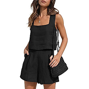 Trendy Queen Women 2 Piece Outfits Summer Linen Matching Sets Two Piece Lounge Shorts Crop Tank Tops 2023 Beach Clothes Vacation Romper