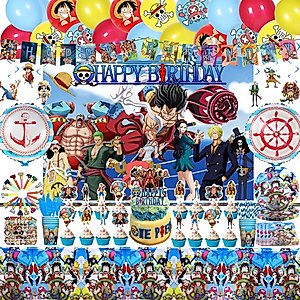 224Pcs Anmie Birthday Party Supplies, Anmie Birthday Party Decorations for 10 Guests, Include Banner, Cake & Cupcake Topper, Swirls, Backdrop, Tablewares, Balloons and Stickers for Kids Party Favors