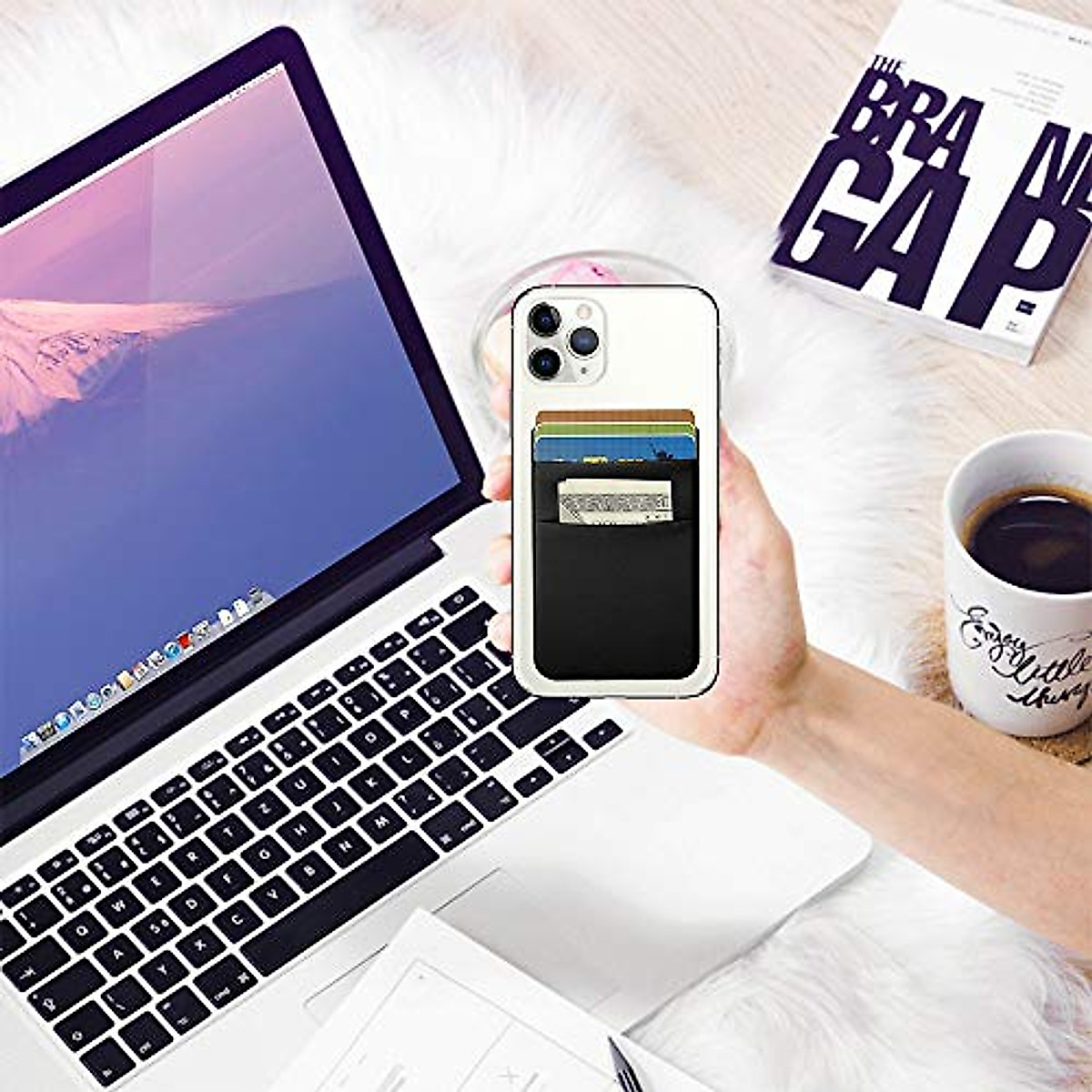 SHANSHUI Card Holder for Back of Phone, 5 PCS Double Cloth Slim Stretchy Phone Pocket Pouch Stick on ID Credit Card Wallet Compatible for iPhone 11 Pro Samsung Galaxy S10 and More(Black,Grey,Pink)