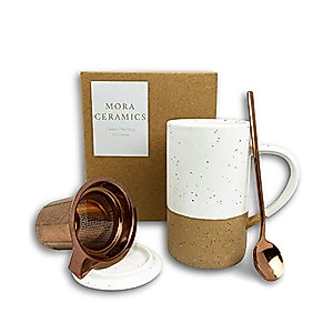 Mora Ceramics Tea Cup with Loose Leaf Infuser, Spoon and Lid, 12 oz, Microwave and Dishwasher Safe Coffee Mug - Rustic Matte Ceramic Glaze, Modern Herbal Tea Strainer - Great Gift for Women, Petro