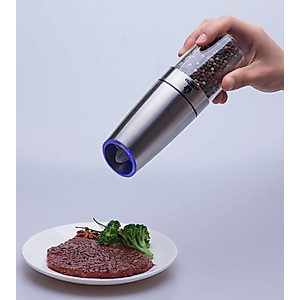 Gravity Electric Salt and Pepper Mill Set with Adjustable Coarseness, Automatic Battery Powered with Blue LED Light, Brushed Stainless Steel by aLBeDo