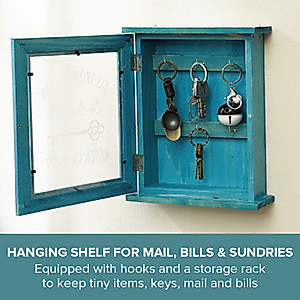 Glass Wooden Box Key Holder for Wall with 6 Hooks - 8.27" x 9.84" x 2.36" Entryway Storage Cabinet - Rustic Decor & Floating Shelf - Key Rings & Mail Organizer Wall Shelf - Vintage Wall Decor - Aqua