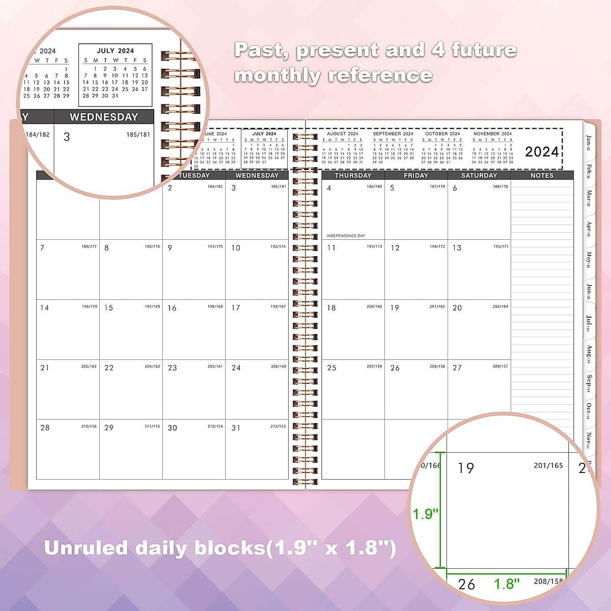 2024-2025 Monthly Planner - Monthly Planner 2024-2025, Jul. 2024 - Dec. 2025, 9" x 11", 18-Month Planner, Tabs & Pocket, Twin-Wire Binding - Rosy Pink