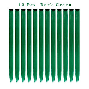 12PCS Colored Green Hair Extensions Party Highlights Colorful Clip in Hair Extensions 22 Inch Straight Synthetic Hairpieces for Women Kids Girls Halloween Christmas Cosplay(Green)