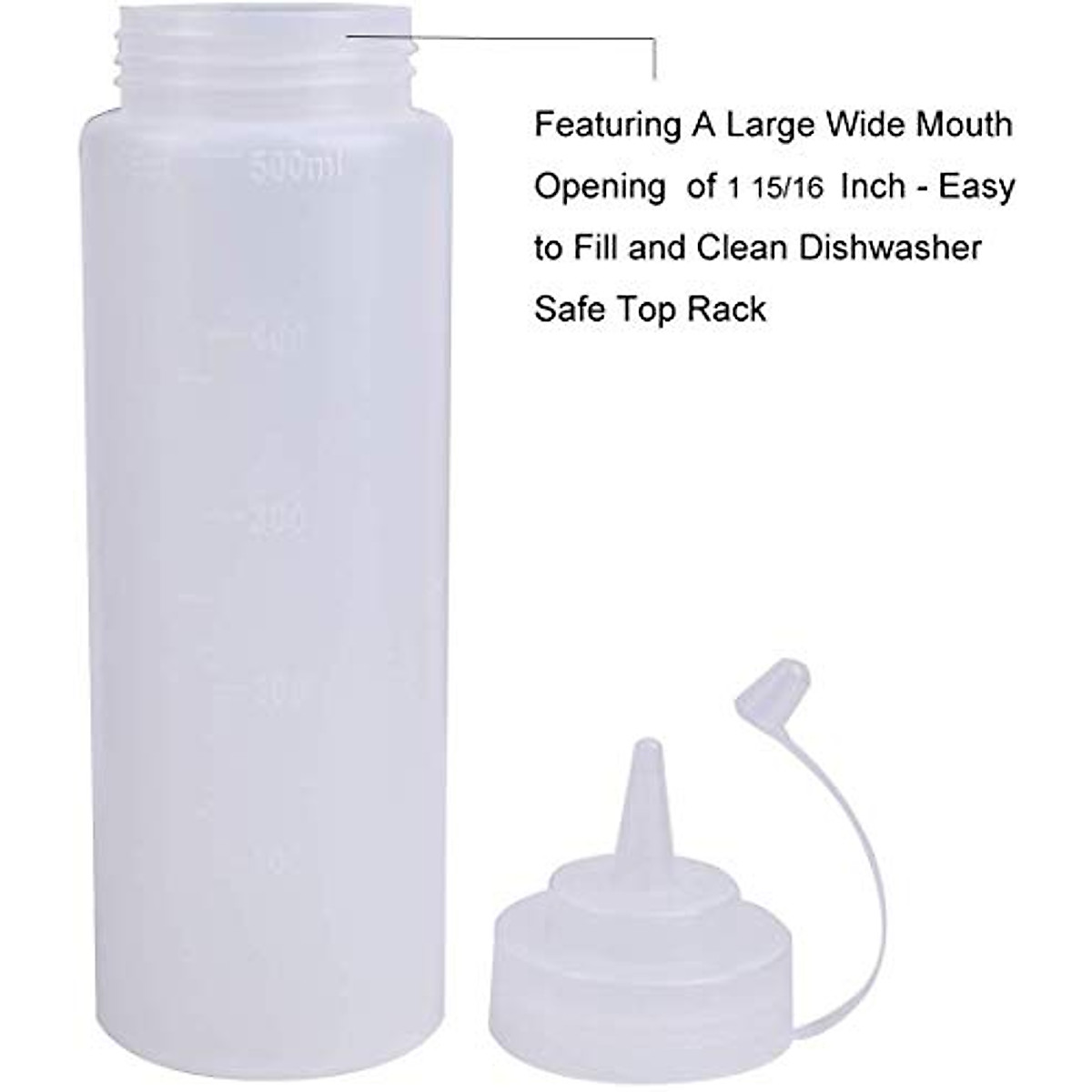 Bekith 12 pack 16 Oz Wide Mouth Plastic Squeeze Condiment Bottles with Twist On Cap Lids and Discrete Measurements, Empty Squirt Bottle For Sauce, Ketchup, Paint