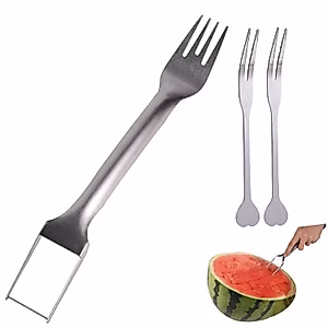 Watermelon Slicer Fork and 2pcs Fruit Forks, Fruit Cutting Fork 2-in-1 Watermelon Fork Slicer Cutter Stainless Steel Fruit Fork Cutter for Party Camping
