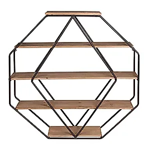 Kate and Laurel Lintz Large Octagon Shaped Floating Wood Book Shelves for Decorative Wall Display, Black Metal Frame with Rustic Brown Shelves