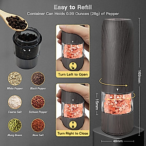 Electric Salt and Pepper Grinder Set - Rechargeable USB Cable, LED Lights, Automatic Pepper and Salt Mill Grinder Set Refillable, Adjustable Coarseness, One Hand Operation (Black Brown 2 Pack)