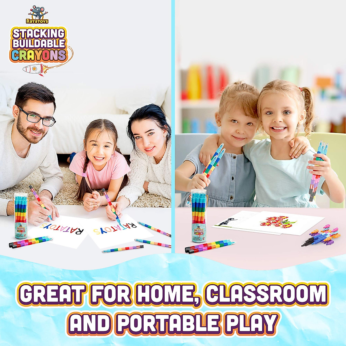 Ratatoys Stacking Crayons, 15 pc Set, Buildable and Stackable for Drawing, Coloring, or Arts and Crafts, Large Preschool Friendly Connect Pieces, Party Favor and Classroom Fun