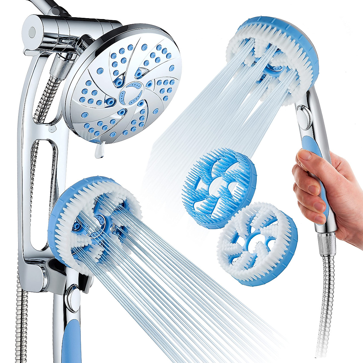 High Pressure 6-in-1 Aquassage by AquaCare - 76-mode 3-way Combo, Showerhead, Hand Shower, Body Brush, Hair Brush & Arm in One! Two Brackets, Extra-long 6 foot Stainless Steel Hose, Brush Head Holder