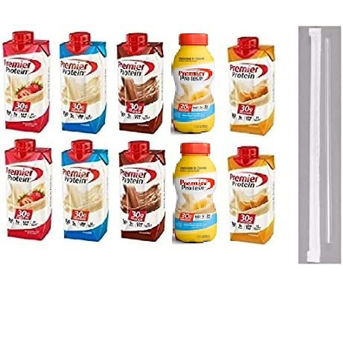 Premier Protein Shakes Drinks - Low Carb High Protein Shakes Variety 10 Pack (30g) | 2 of Each Flavor - Chocolate, Strawberry, Vanilla, Banana & Caramel | Bonus of 10 Individually Wrapped Straws