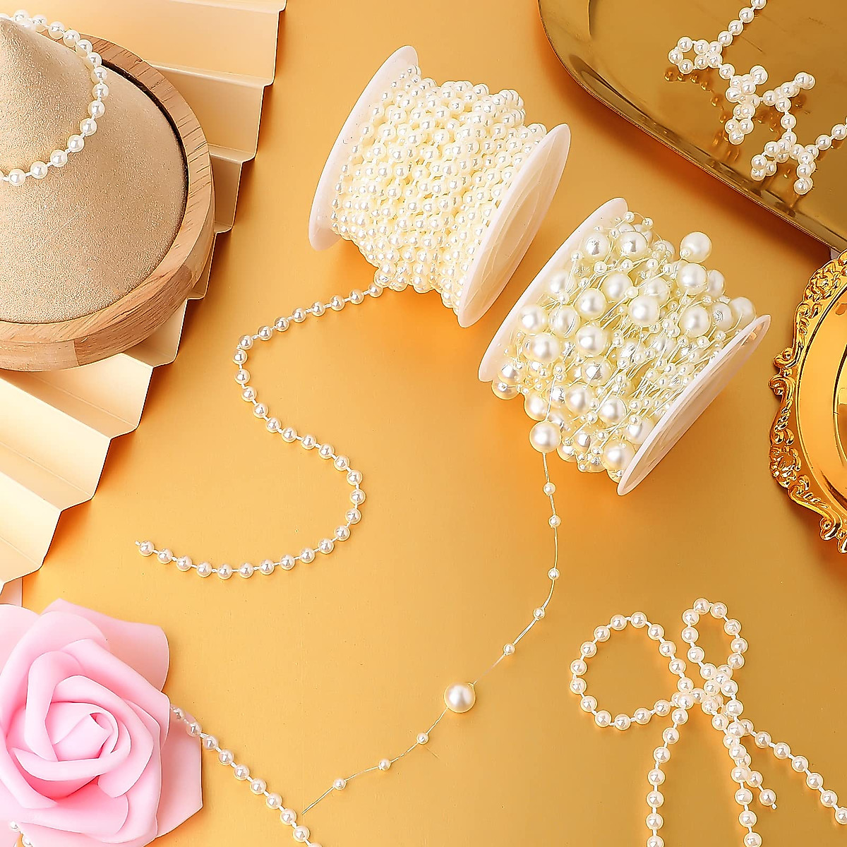 Bonuci 3 Rolls 66 Feet Pearls String Beads Decoration Pearl Garland for Christmas Tree Faux Pearl Garland Roll Strand for Crafting String of Flowers Wedding(Ivory,4mm)