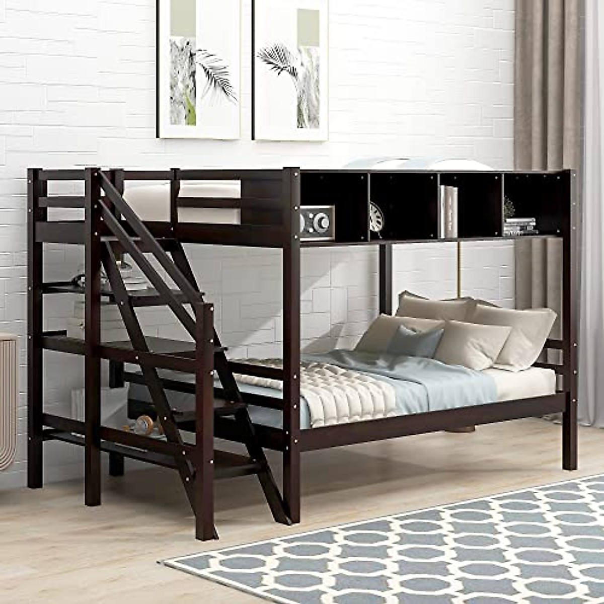 DEYOBED Twin Over Full Wooden Bunk Bed with Storage Staircase and Cabinets for Kids Teens