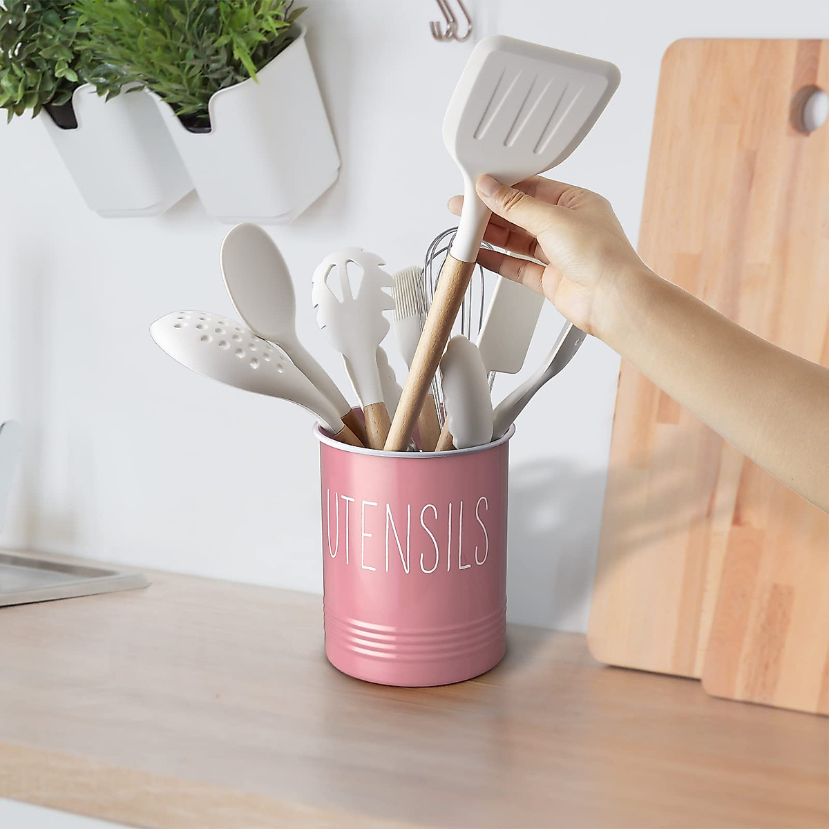 Bivvclaz Kitchen Utensil Holder - 6.7" Utensil Holder for Kitchen Counter - Cooking Utensil Crock with Cork Bottom - Pink Kitchen Decor and Accessories - Utensil Storage Caddy Organizer