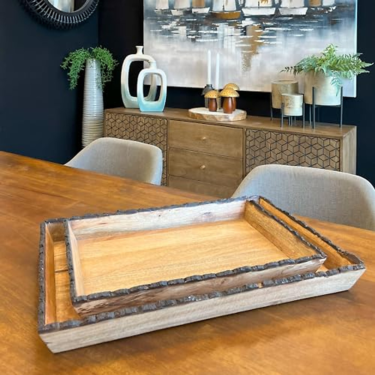 Darius Rectangle Wood Trays, Set of 2 Dining Room Table Centerpiece, Kitchen Island Décor Decorative Tray