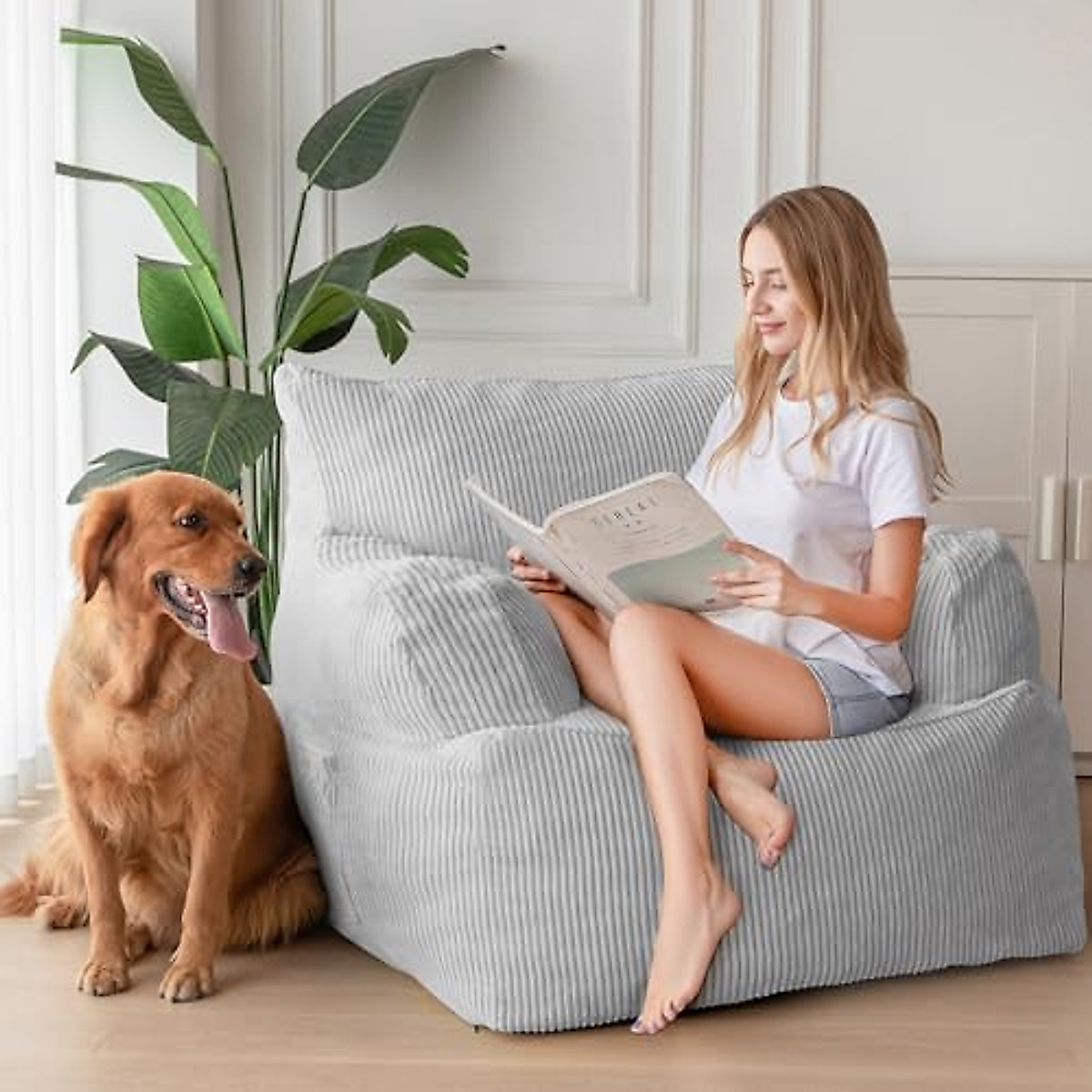 MAXYOYO Giant Bean Bag Chair, Stuffed Bean Bag Couch with Filler Large Living Room Bean Bag Chair for Adults, Big Lazy Sofa Accent Chair with Pocket Floor Chair for Gaming, Reading, Grey