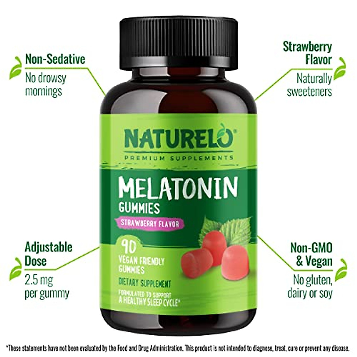 NATURELO Melatonin Gummies – Non-GMO, Gluten-Free, Soy Free - Strawberry Flavor - Gentle Sleep Supplement - 90 Vegetarian Gummies