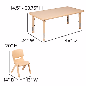 EMMA + OLIVER 24" W x 48" L Rectangle Natural Plastic Adjustable Activity Table Set - 6 Chairs
