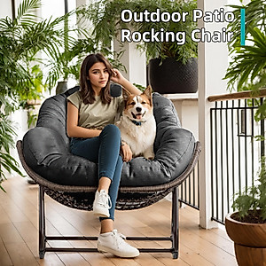 QQU Patio Rocking Chairs Indoor & Outdoor, Wicker Rocker Chairs with Padded Cushion, All-Weather Rattan Chair with Steel Frame, Modern Lounge Egg Chair, Front Porch, Backyard,Grey