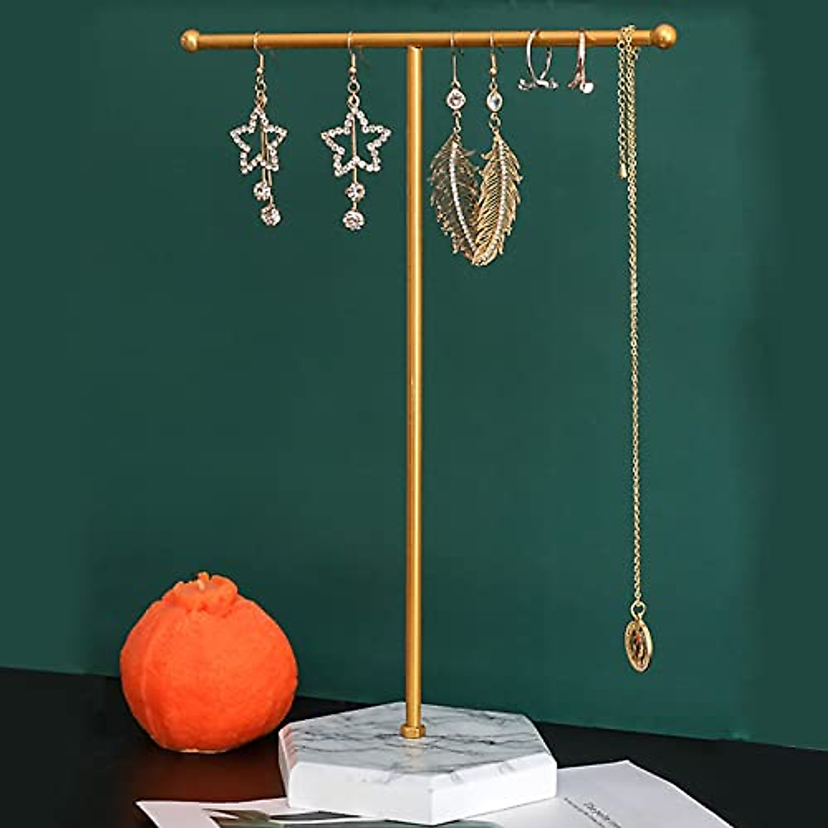 Jewelry Stand Display Necklace Holder T-Bar Plated Metal Tabletop Jewelry Organizer Tower for Show Jewelry Hanging Pendant Earring Bracelet Ring Accessorie with White Marble Plywood Bases.