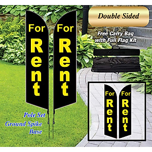 BannerBuzz Blade Flag “For Rent”, 2.25' X 11.5' Graphic with Hardware Includes Aluminum Flag Pole & Ground Spike Base (Theme 2) (Double Side Print)