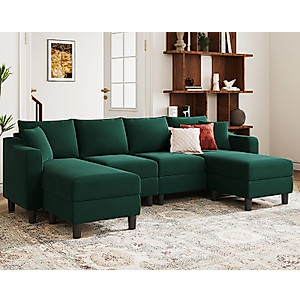 Belffin U Shaped Sectional Sofa Velvet Convertible Sofa with Reversible Chaises Sectional Couches with Ottomans for Living Room (Green)…